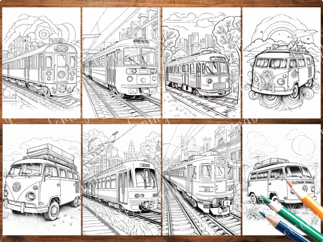 Train & Car Coloring Page: Random Transport Designs (PDF) - Etsy
