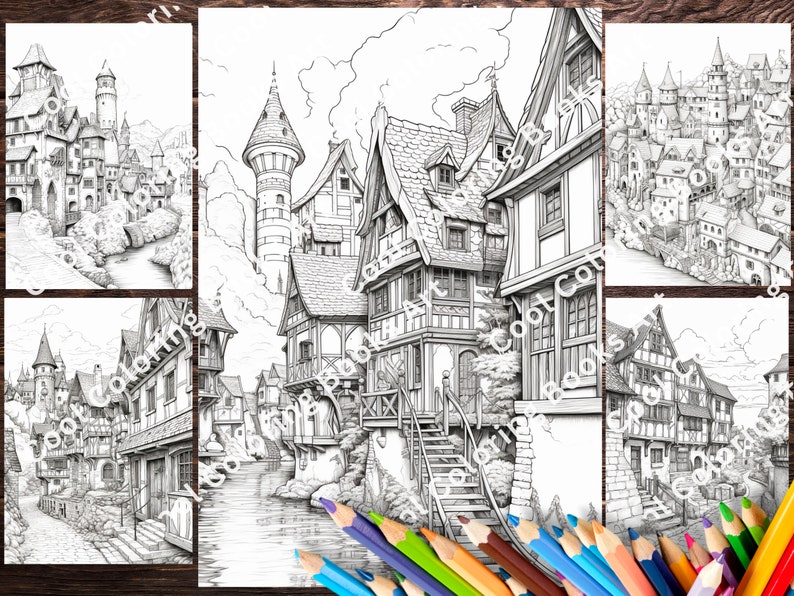 29 Medieval Villages Historic Architecture Coloring Book for Adults ...
