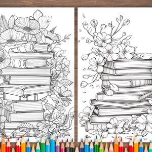 39 Books and Flowers Coloring Book, Grayscale Fantasy Floral Books ...