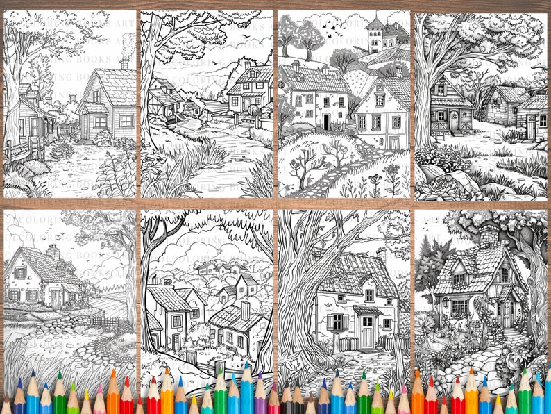 Rustic Houses Coloring Pages: Countryside Floral Gardens (PDF Print) - Etsy