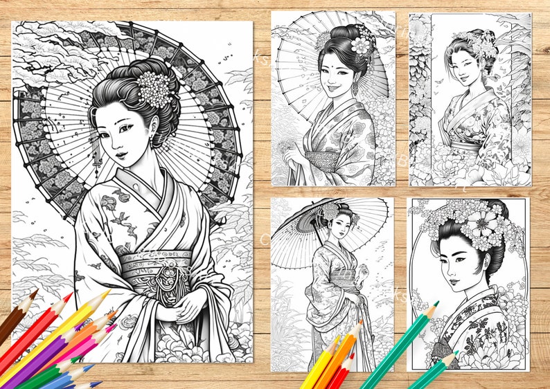 22 Grayscale Japanese Geisha Coloring Book Printable Adult - Etsy