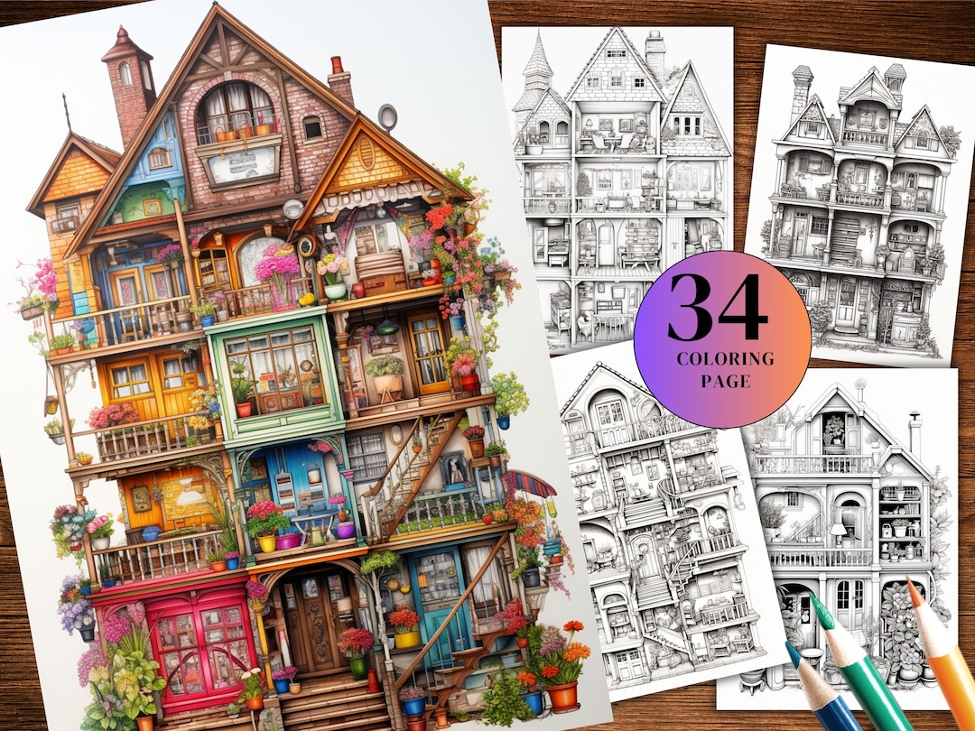 34 Dollhouse Coloring Pages: Grayscale Printable Designs (PDF & JPG) - Etsy