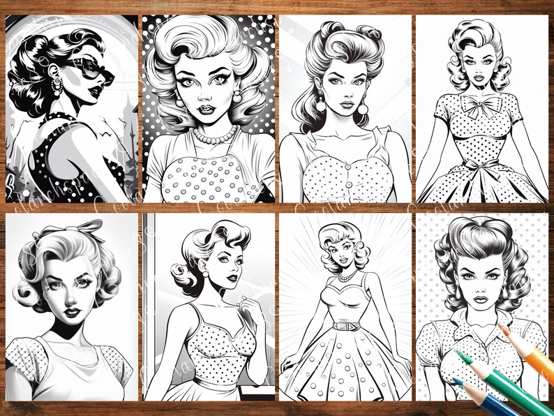 42 Rockabilly Retro Girl Coloring Pages: Grayscale (printable PDF & JPG ...