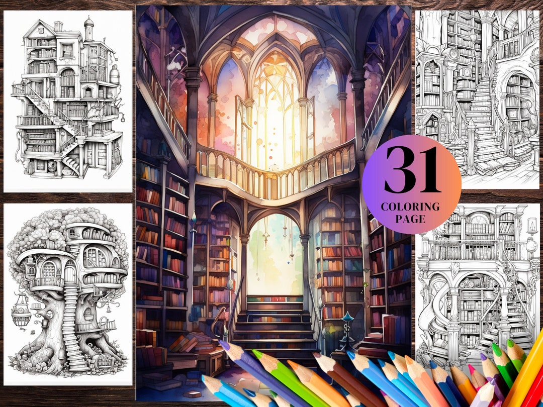 31 Fantasy Library Coloring Pages Bundle , Enchanted Library Coloring ...