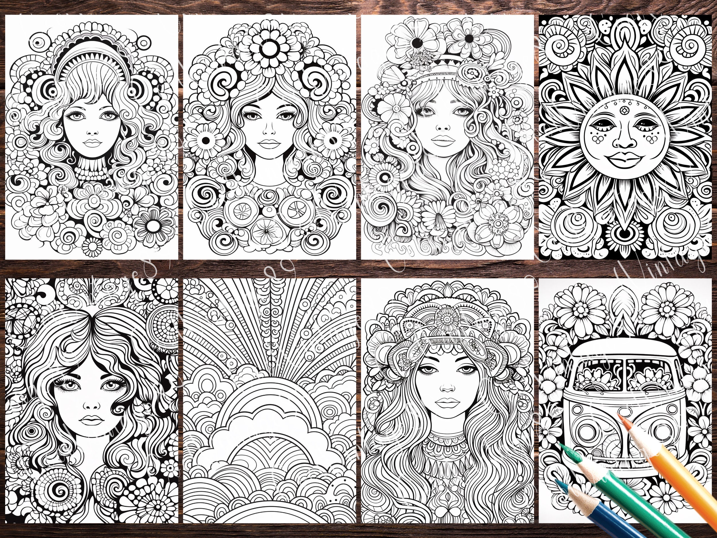 51 Hippie Groovy Rainbow Coloring Book for Adults and Kids, Grayscale ...