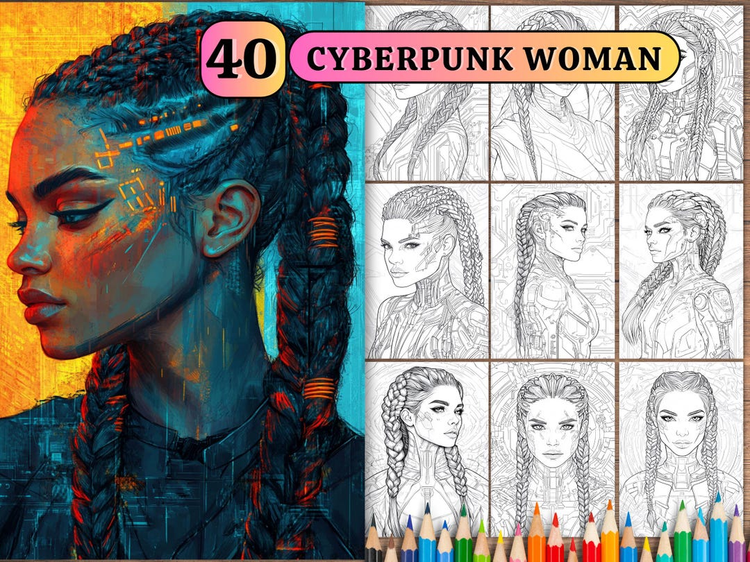 Cyberpunk Woman Coloring Pages: Grayscale Art (JPG & PDF) - Etsy