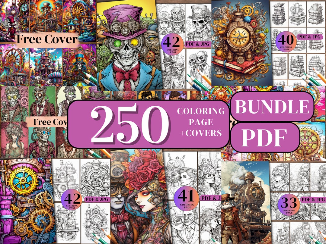 250 MEGA BUNDLE Steampunk Coloring Pages for Adults and for Kids ...