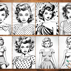 42 Rockabilly Retro Girl Coloring Pages: Grayscale (printable PDF & JPG ...