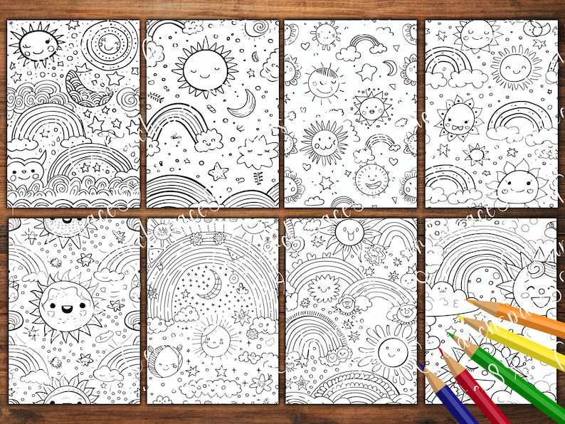 40 Rainbow Sun Doodle Printable Coloring Pages, A4 Size PDF & JPG Files ...