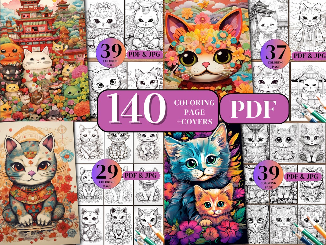 140 Kawaii Cat Coloring Book Fun Cat Bundle , Designs Relaxing ...