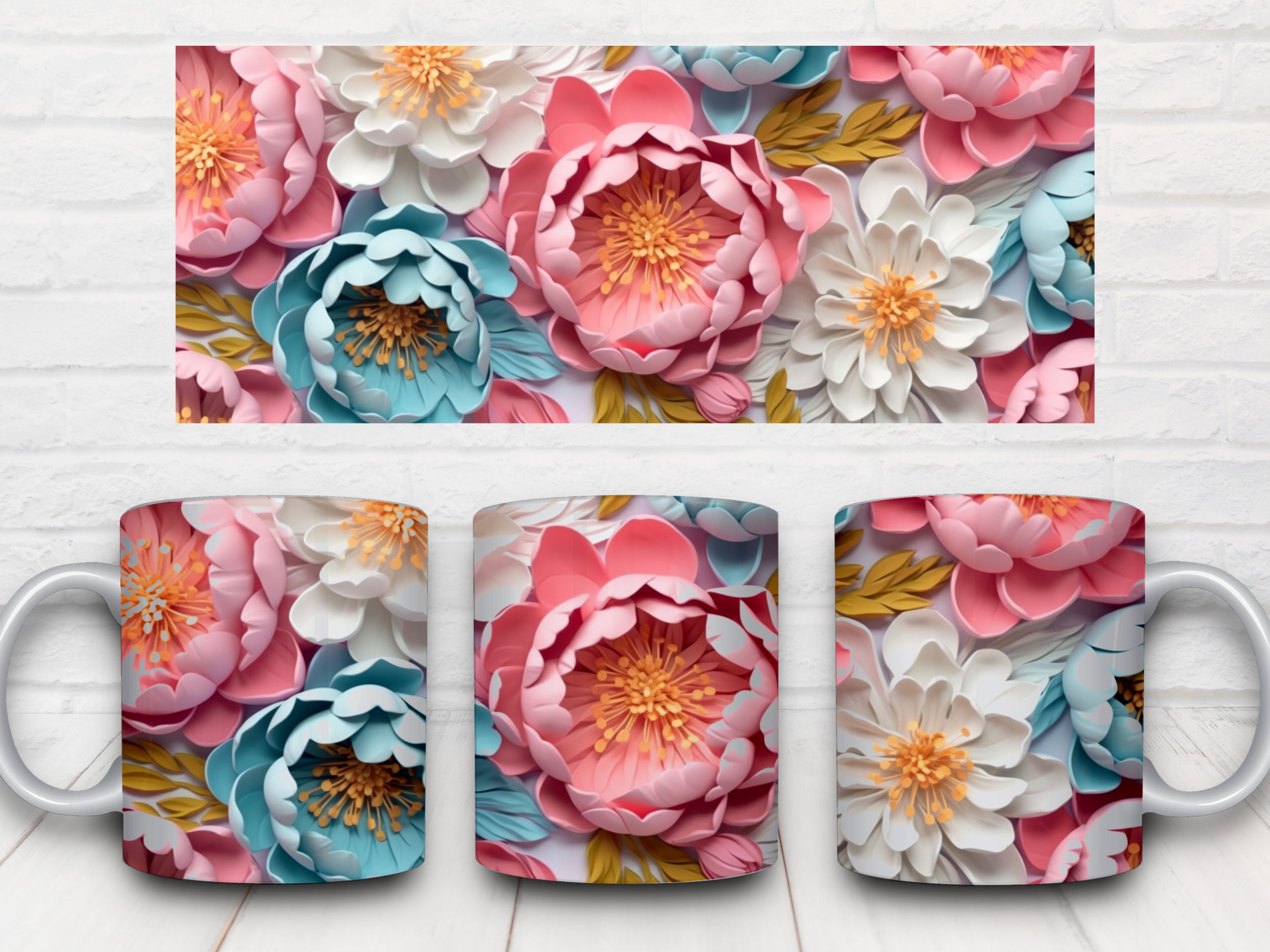 3D Flowers Mug Wrap Template Bundle, Sublimation Mug Design, 11oz Mug ...