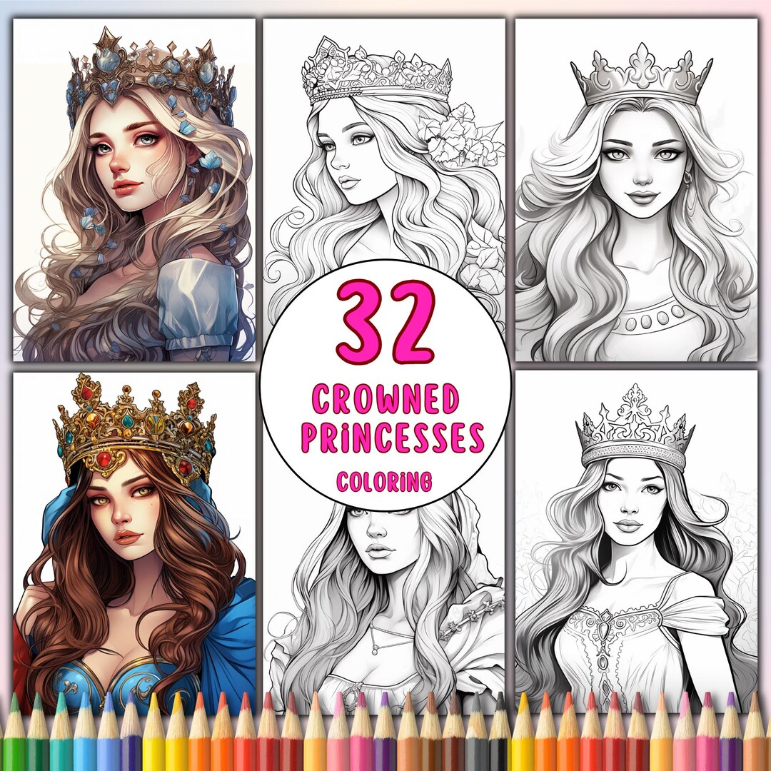 32 Crowned Princesses Coloring Pages, Printable Royal Princess Coloring ...