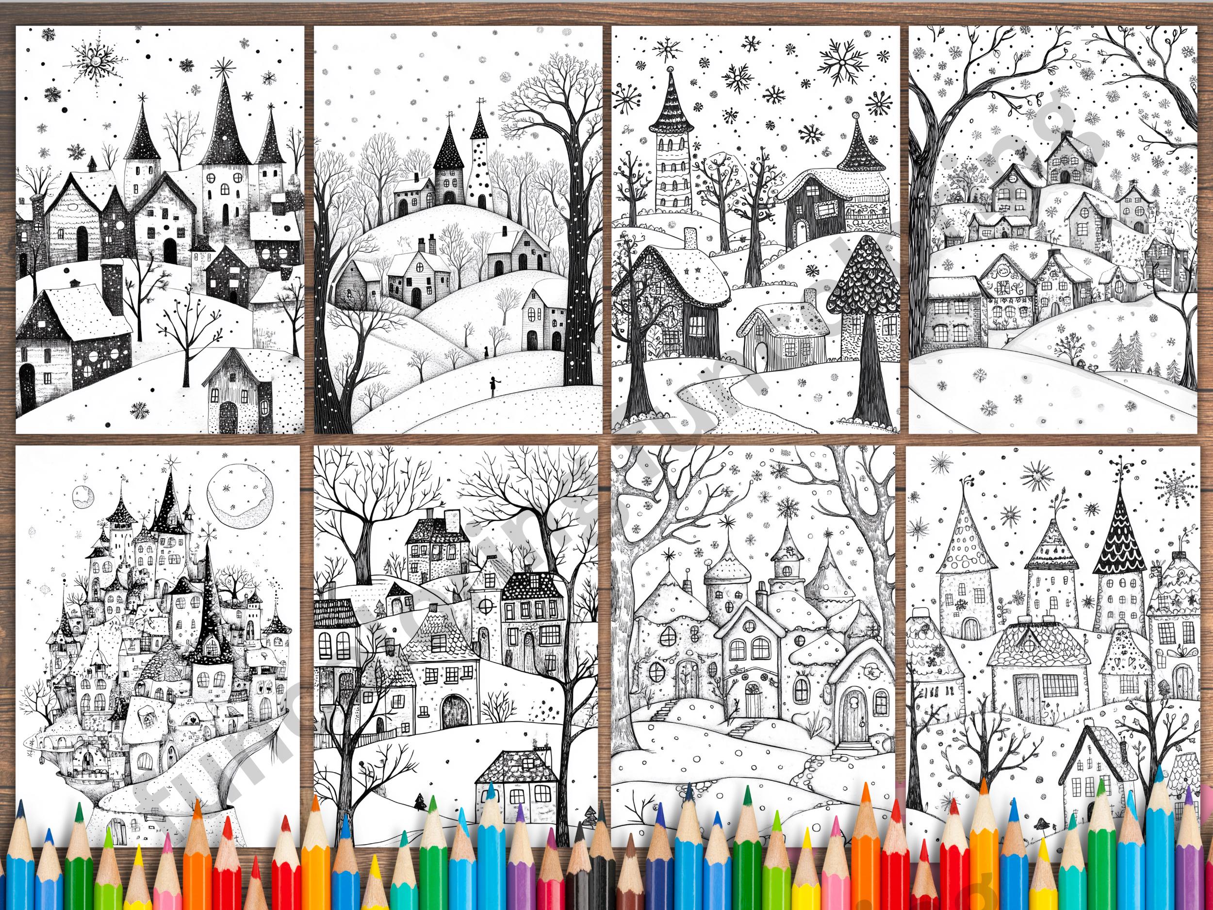 35 Snowy Village Coloring Pages: Whimsical Winter Scenes (digital ...
