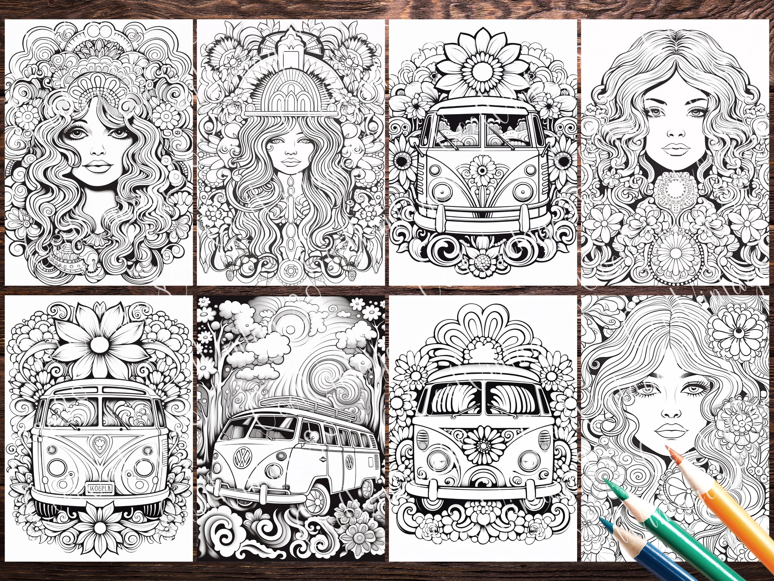 51 Hippie Groovy Rainbow Coloring Book for Adults and Kids, Grayscale ...