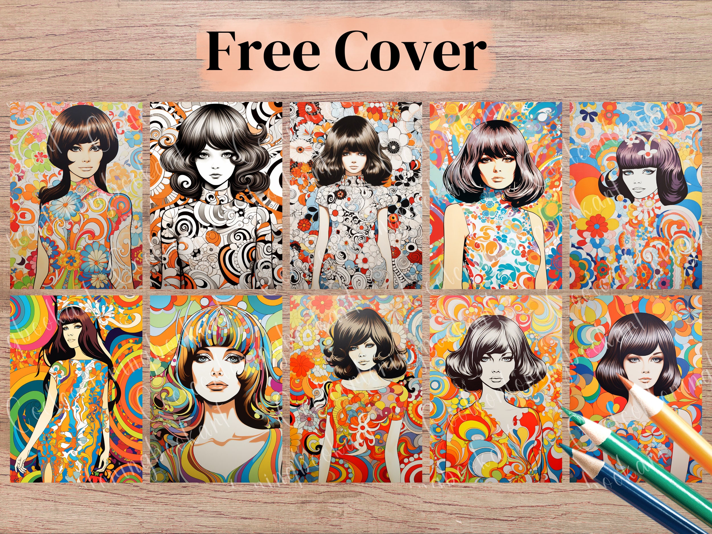 32 60s Fashion Coloring Pages, Coloring Book for Adults, Grayscale ...