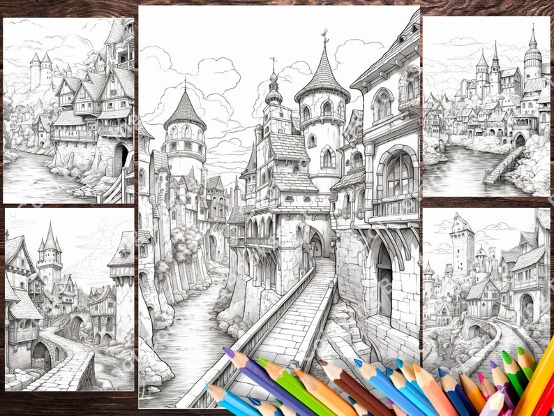 29 Medieval Villages Historic Architecture Coloring Book for Adults ...