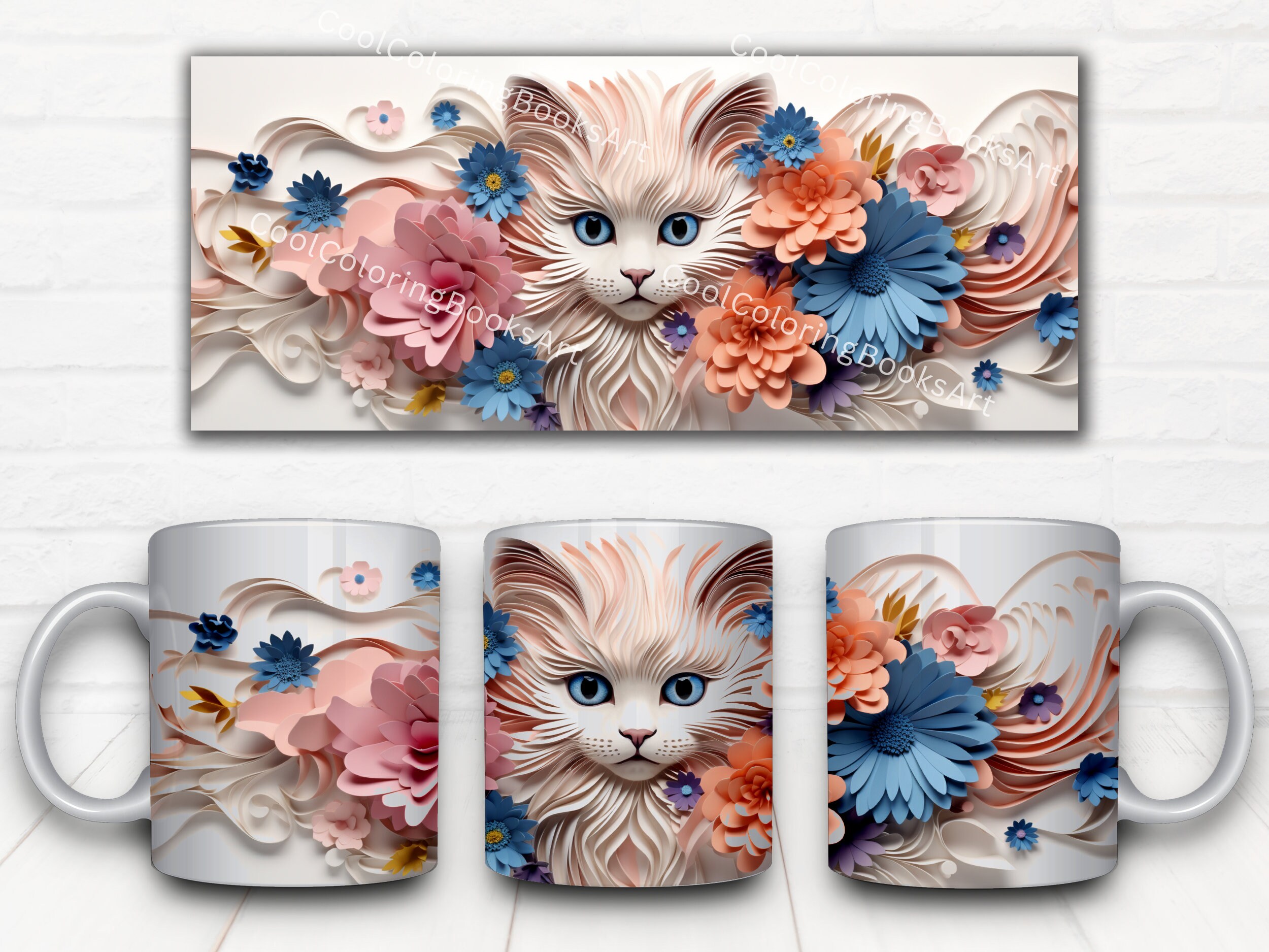 3D Magical Kitten With Flowers , 3D Tabby Cat Mug Wrap, Cat Mug Design ...