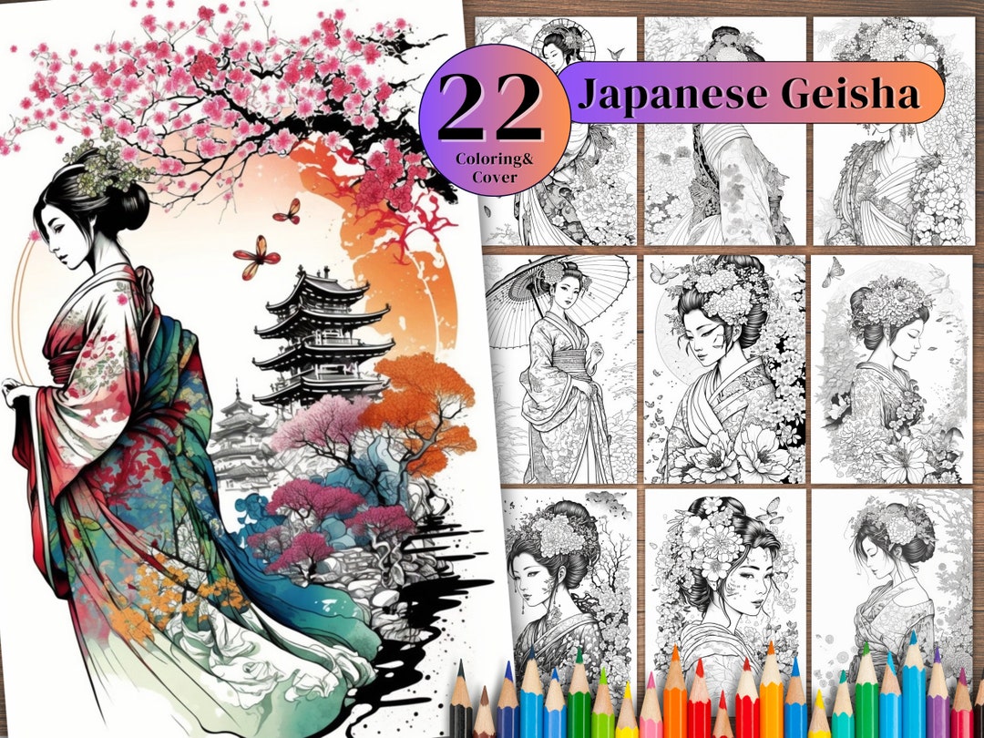 22 Grayscale Japanese Geisha Coloring Book Pages (printable PDF) - Etsy