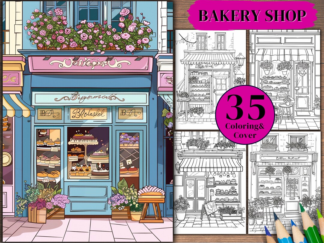 Bakery Shop Coloring Pages: French Patisserie Grayscale Sheets (PDF) - Etsy