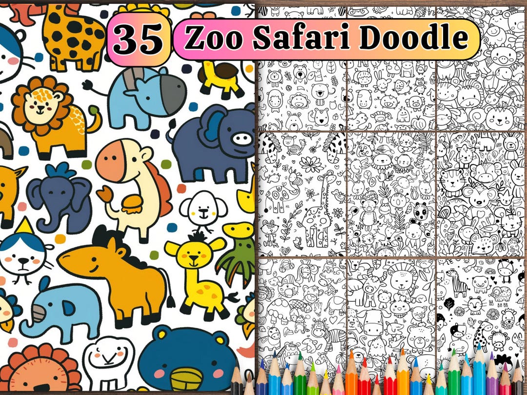 35 Zoo Safari Animal Doodle Coloring Pages: Fun for Kids & Adults ...