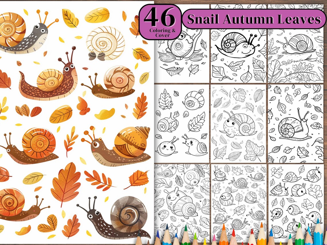 46 Kawaii Snail Autumn Leaves Coloring Book (printable PDF) - Etsy