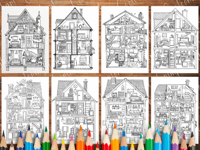 39 House Cross Section Coloring Book, House Interior Design Coloring ...