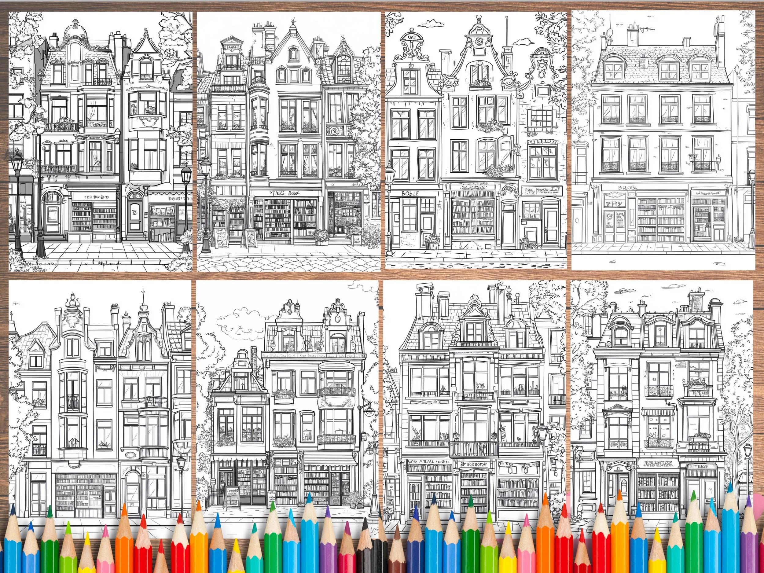 European Streetfront Coloring Page: Vintage Bookstore & Cafe (PDF) - Etsy
