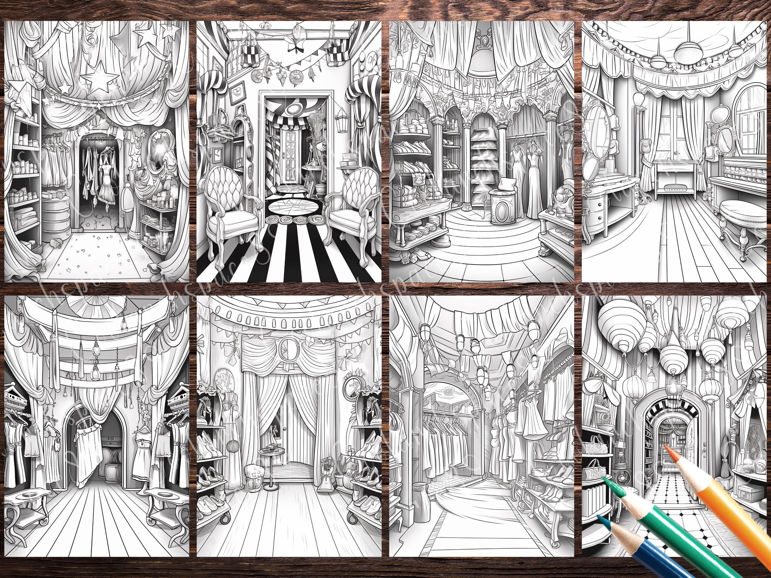 38 Dressing Room Coloring Page, Fantasy Grayscale Room Coloring Book ...