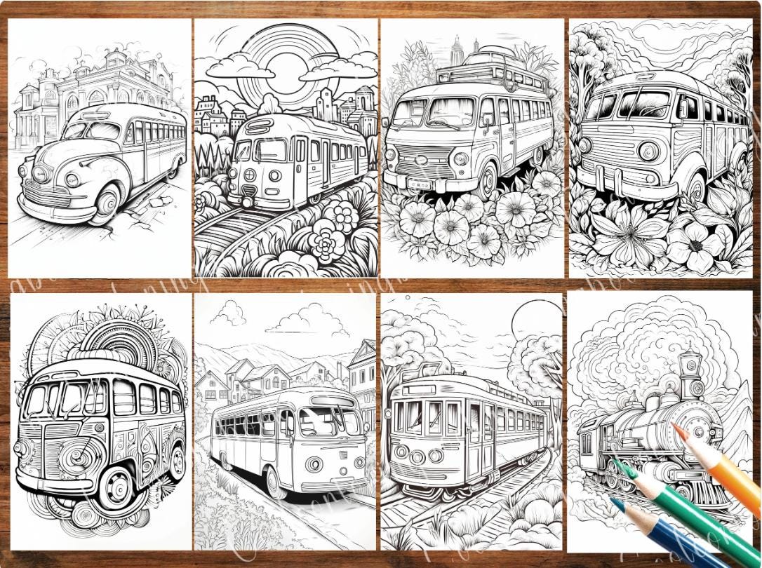 Train & Car Coloring Page: Random Transport Designs (PDF) - Etsy