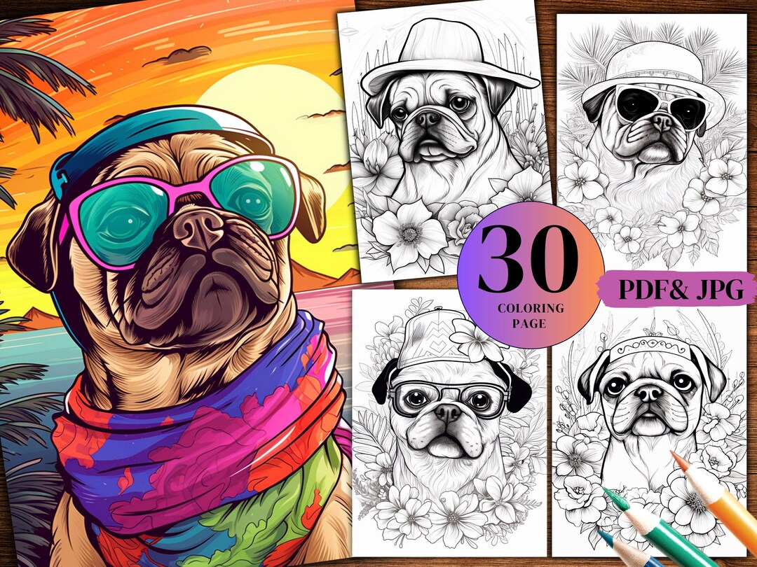 30 Cute Pug Dogs Coloring Pages, Pug Dog Adults Printable Coloring Page ...