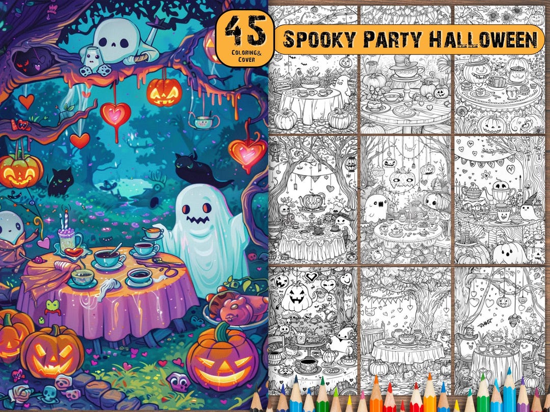 45 Spooky Party Halloween Coloring Book, Halloween Coloring Pages for ...