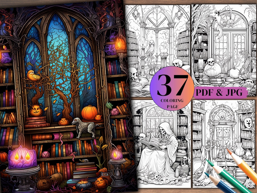 37 Skull Library Grayscale Coloring Pages: Fantasy Printable (PDF & JPG ...