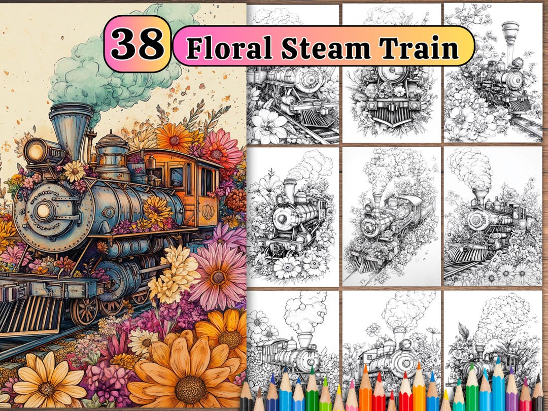38 Floral Steam Train Coloring Page Printable – Vintage Locomotive ...