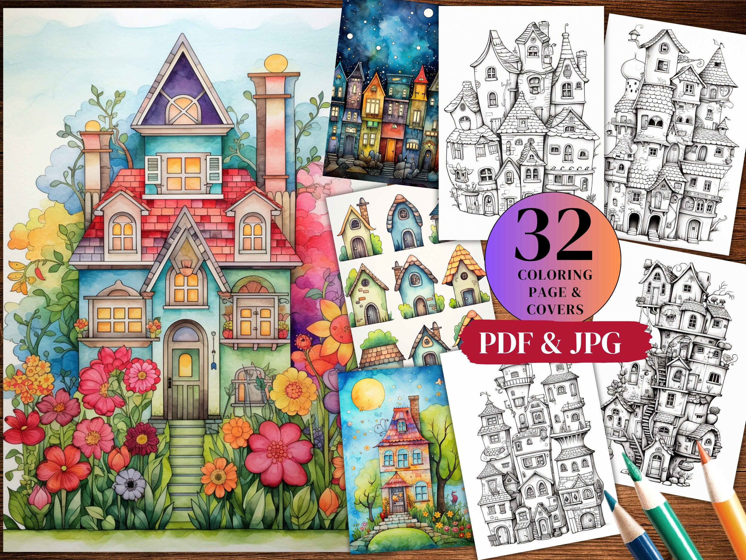 32 Doodle Houses Coloring Book, Adults Instant Download grayscale ...