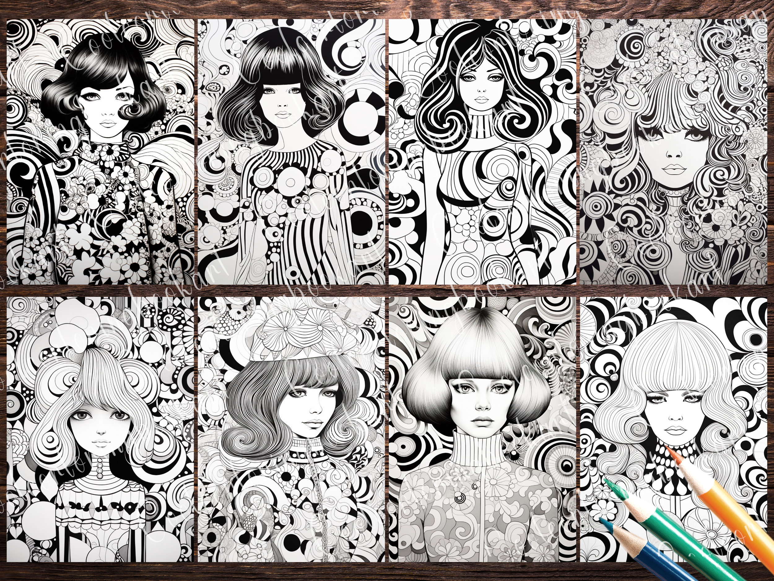 32 60s Fashion Coloring Pages, Coloring Book for Adults, Grayscale ...