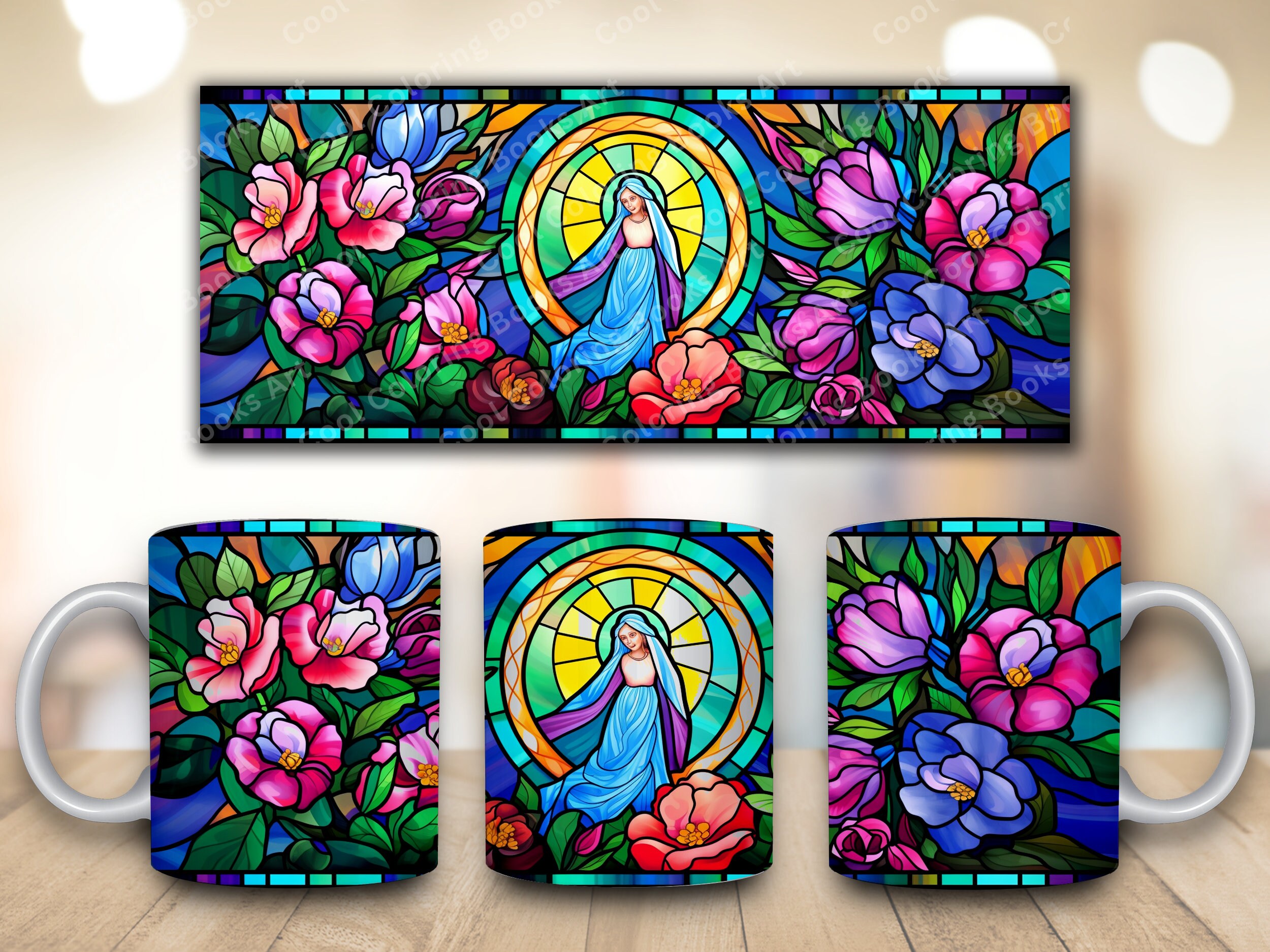 10 Stained Glass Virgin Mary Mug Wrap, 11oz Mug Template, Mug ...