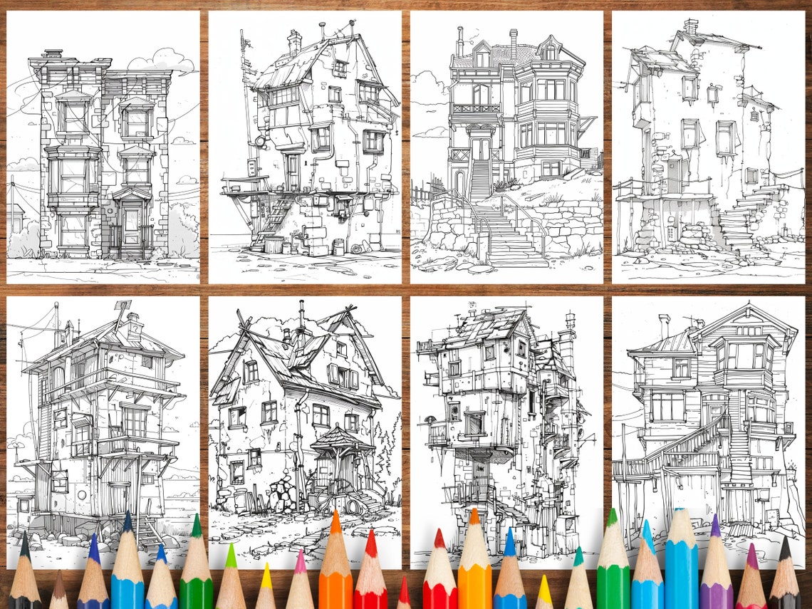 40 Homes Coloring Book ,printable Adults Kids Coloring Pages ,instant ...