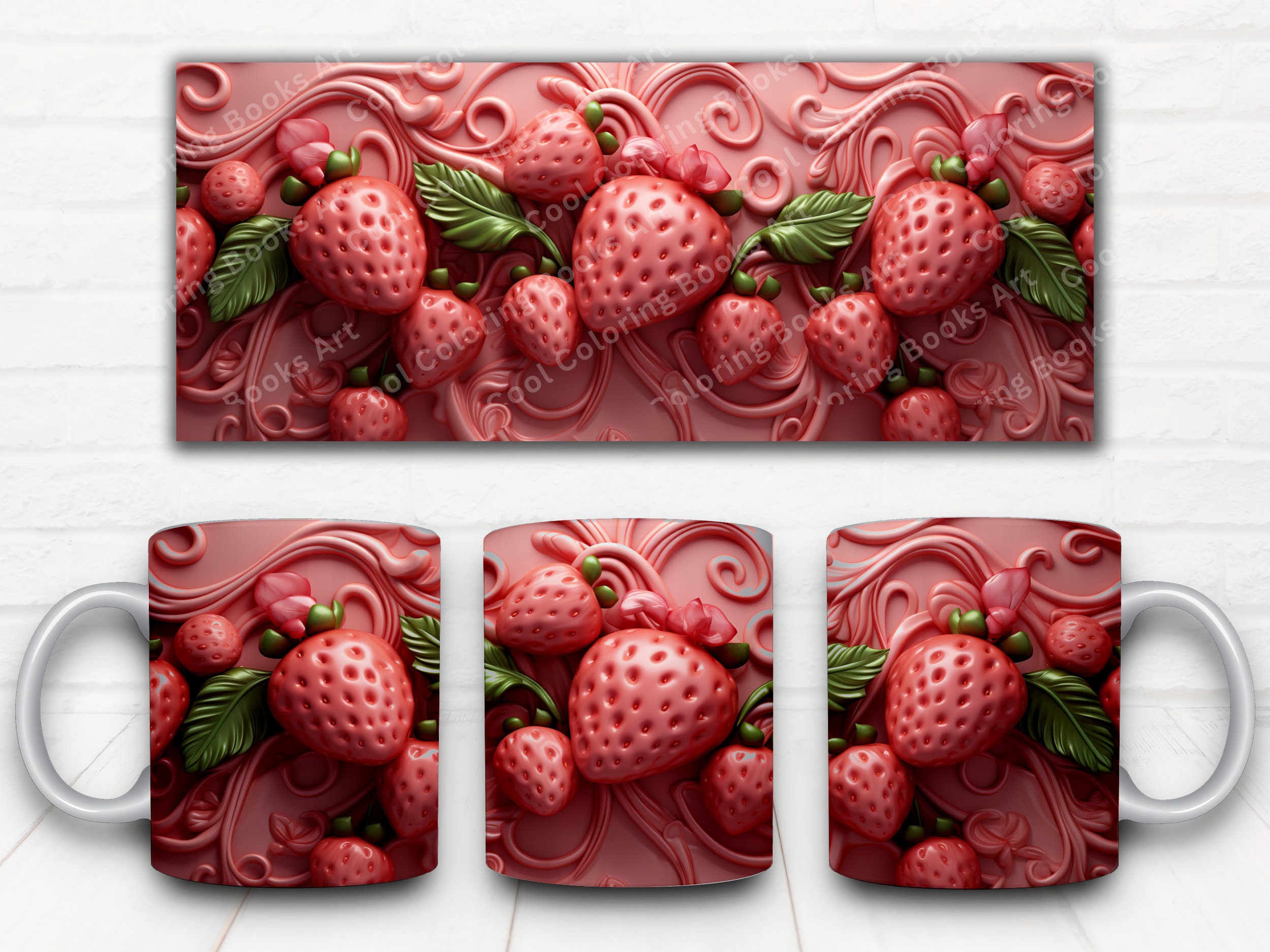 3D Strawberry Mug Wrap Sublimation Design, 3D Strawberry Sublimation ...
