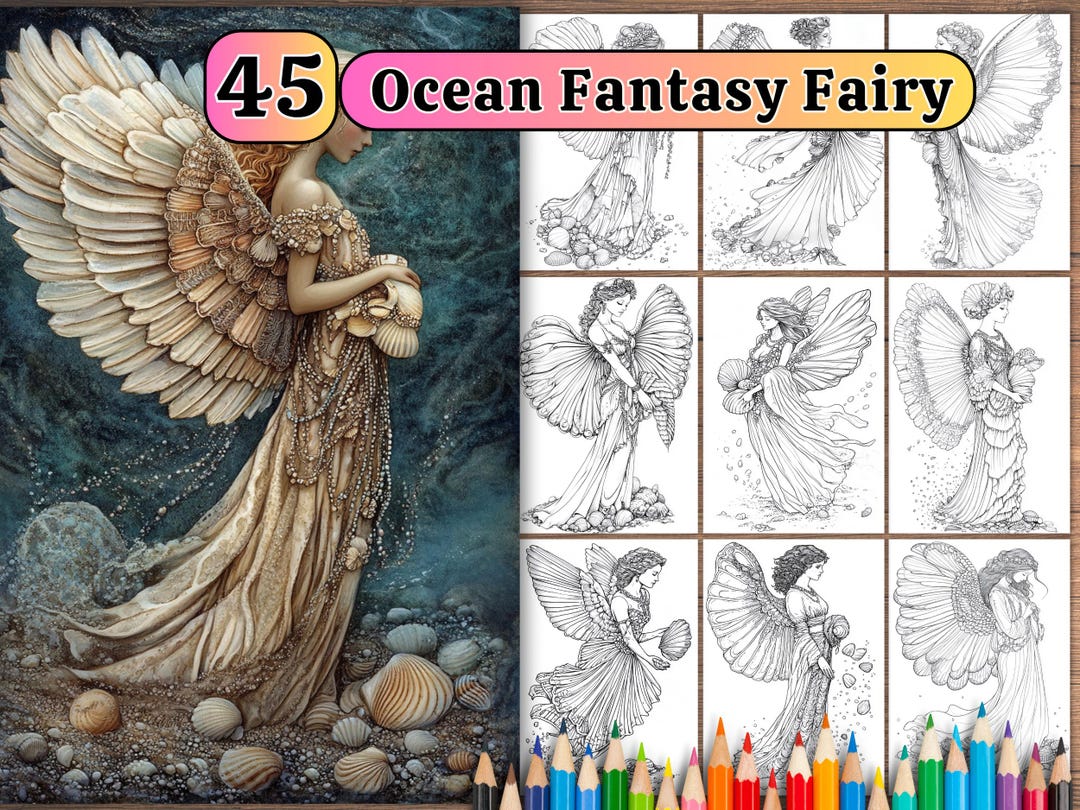 Ocean Fantasy Fairy Coloring Page – Shell Dress & Wings (PDF) - Etsy