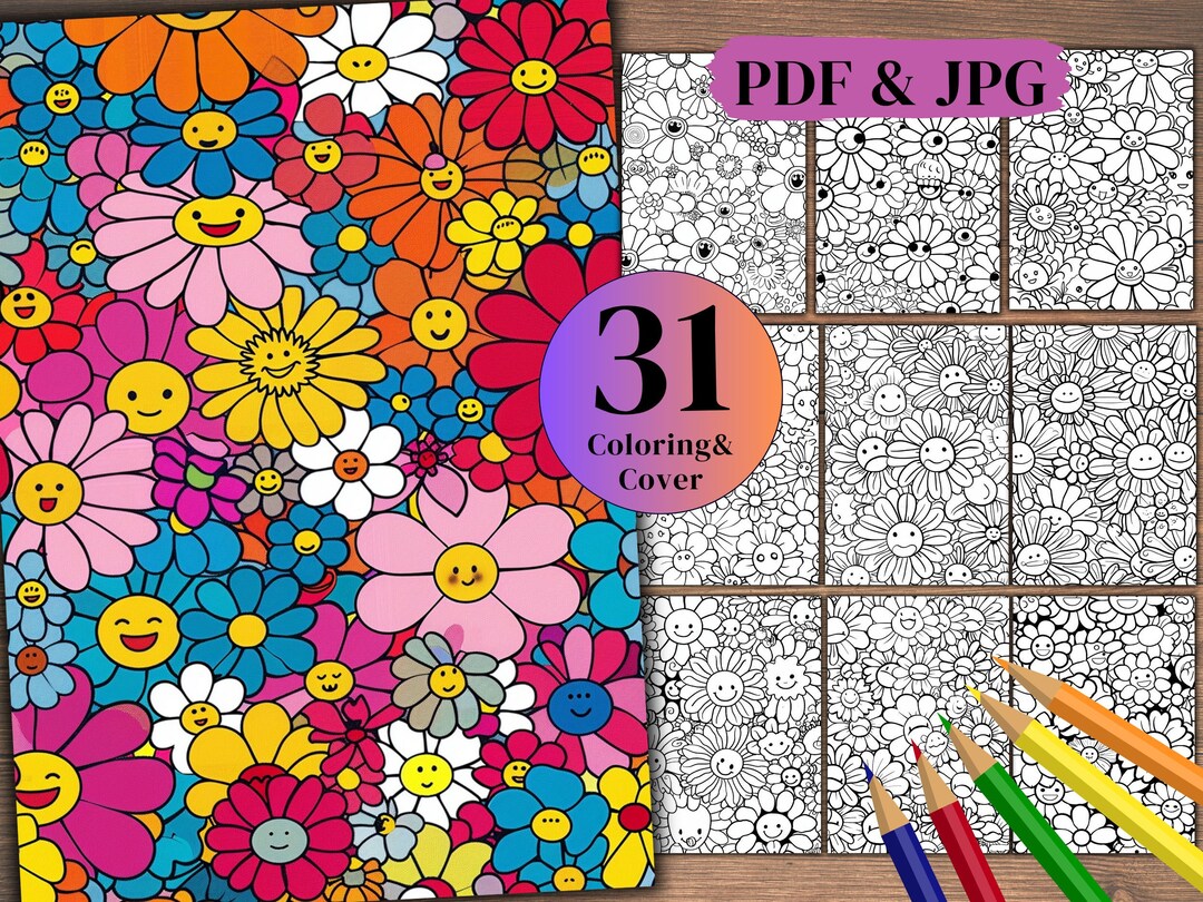 Smiley Flower Coloring Book: Happy Days Doodles (PDF & JPG) - Etsy