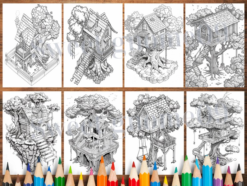 38 Treehouses Coloring Pages for Adults, Printable Grayscale Sheets ...