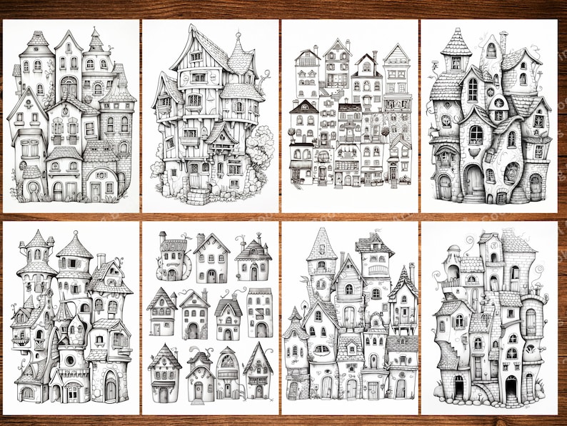 32 Doodle Houses Coloring Book, Adults Instant Download grayscale ...