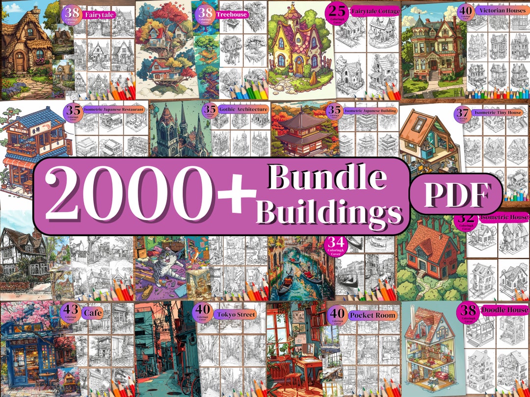2000+ Buildings Coloring Book Bundle , Printable City Houses Coloring ...