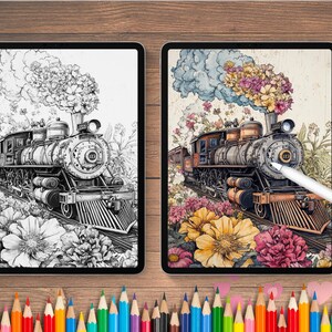 38 Floral Steam Train Coloring Page Printable – Vintage Locomotive ...