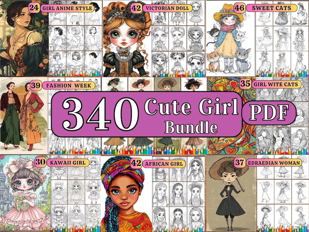 340 Cute Gilr Coloring Bundle for Kids – Adorable Printable Designs ...