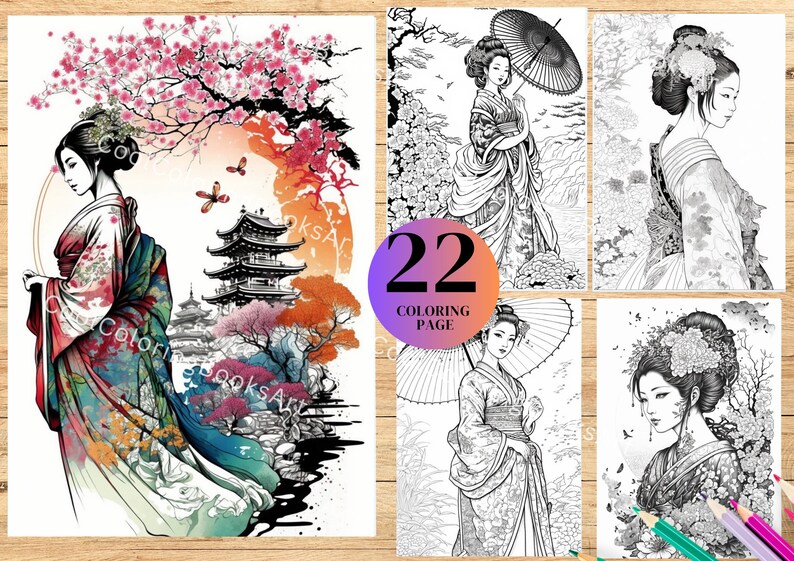22 Grayscale Japanese Geisha Coloring Book Printable Adult - Etsy