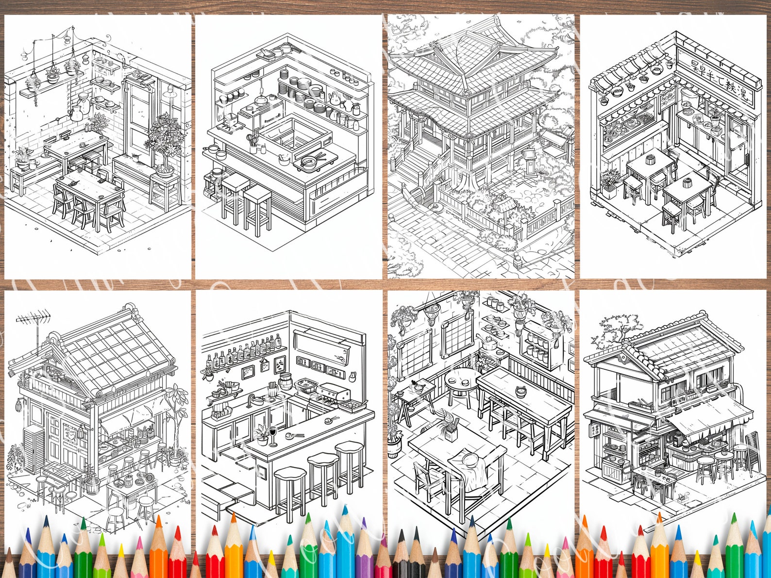 Japanese Restaurant Coloring Book: 35 Shop House Pages (digital ...