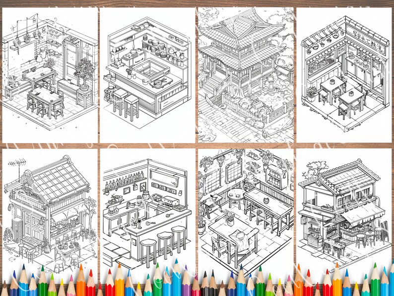 Japanese Restaurant Coloring Book: 35 Shop House Pages (digital ...