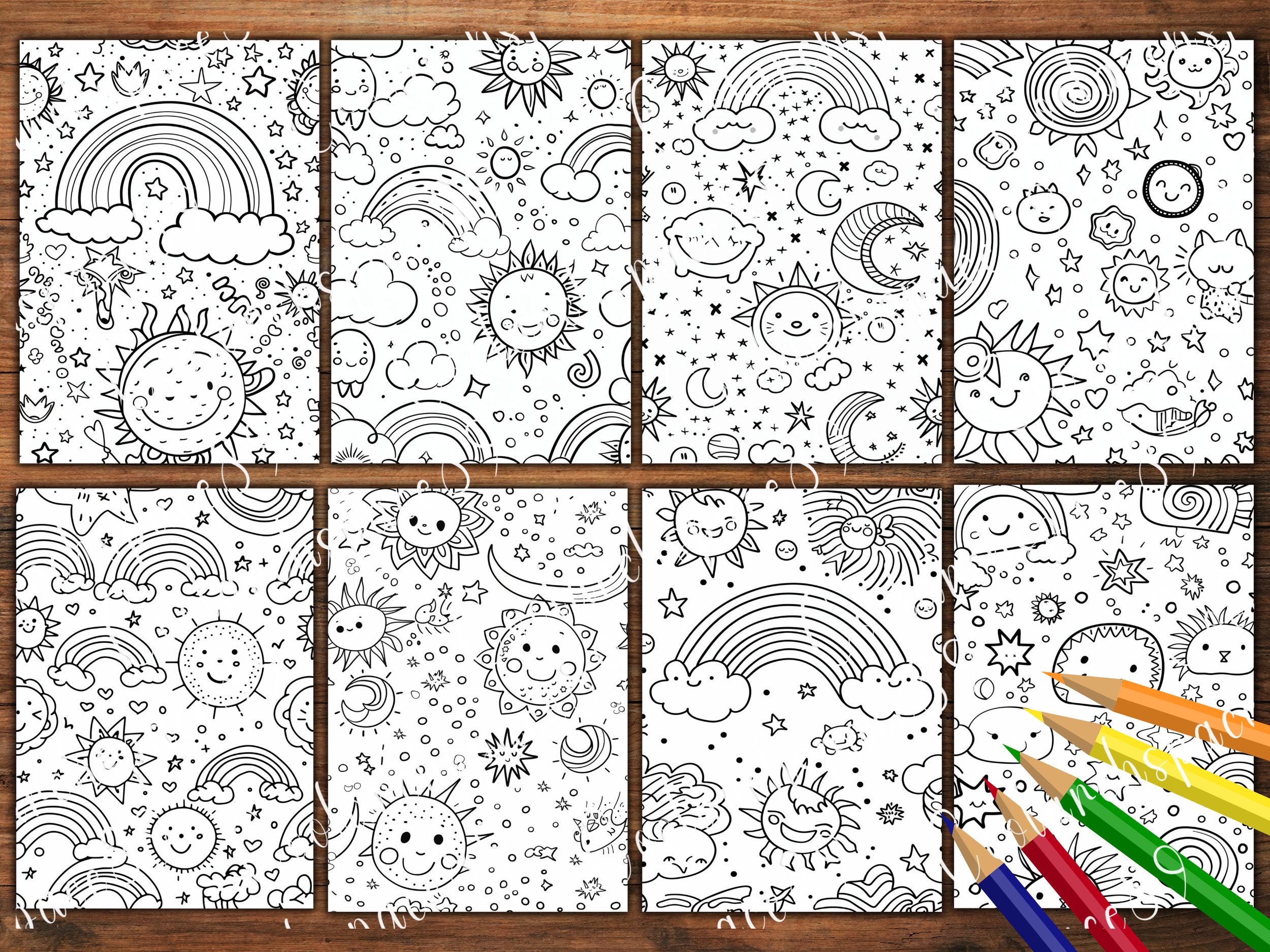 40 Rainbow Sun Doodle Printable Coloring Pages, A4 Size PDF & JPG Files ...