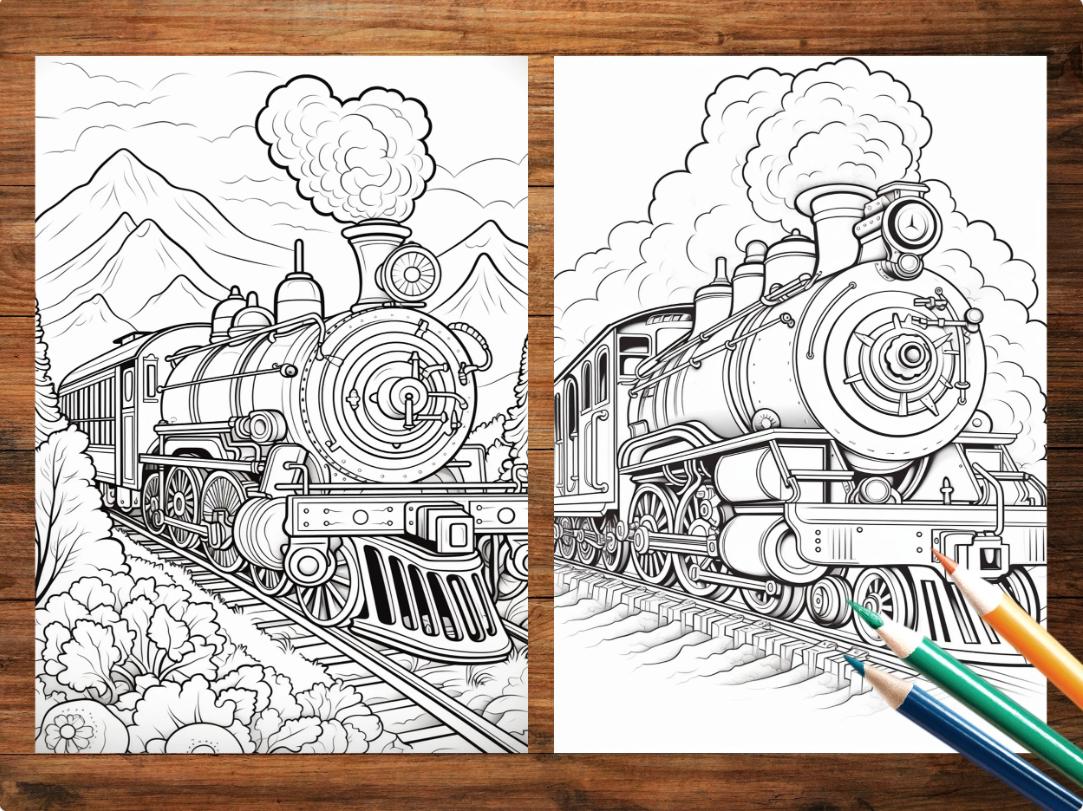 Train & Car Coloring Page: Random Transport Designs (PDF) - Etsy